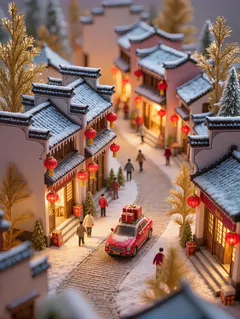 冬至回家雪景街道红灯笼装 | AI Video